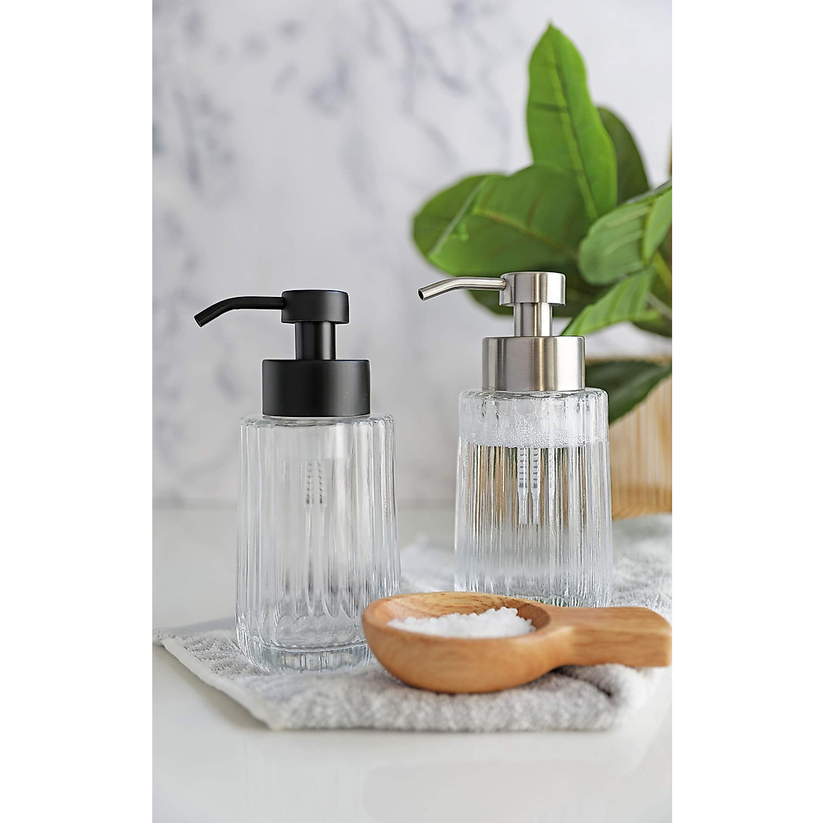 Rail19 Flora Fluted Foaming Soap Dispenser | Vintage-Inspired Modern Glass Refillable Pump Bottle for Bathroom Vanity Countertop and Kitchen, 10oz (Stainless)