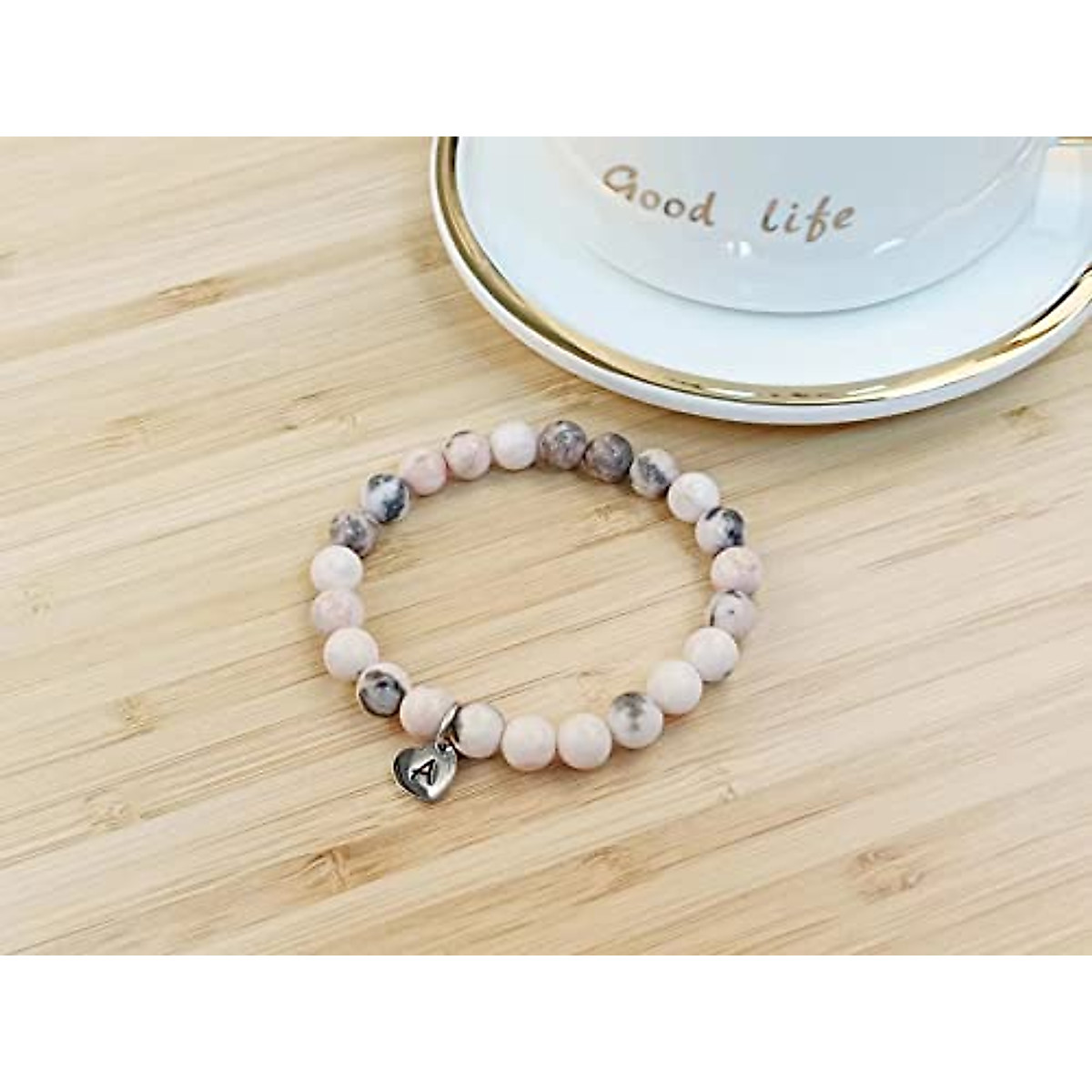 Handmade Alphabet Letters Love Heart Charm Pendant Healing Natural Gemstones 8mm Rose Pink Zebra Jasper Beads Stretched Beaded Bracelet,Anxiety Pain Stress Strain Fear Relief Beading Bracelets,Love Gift for Mother Grandmother Daughter Wife . (C)