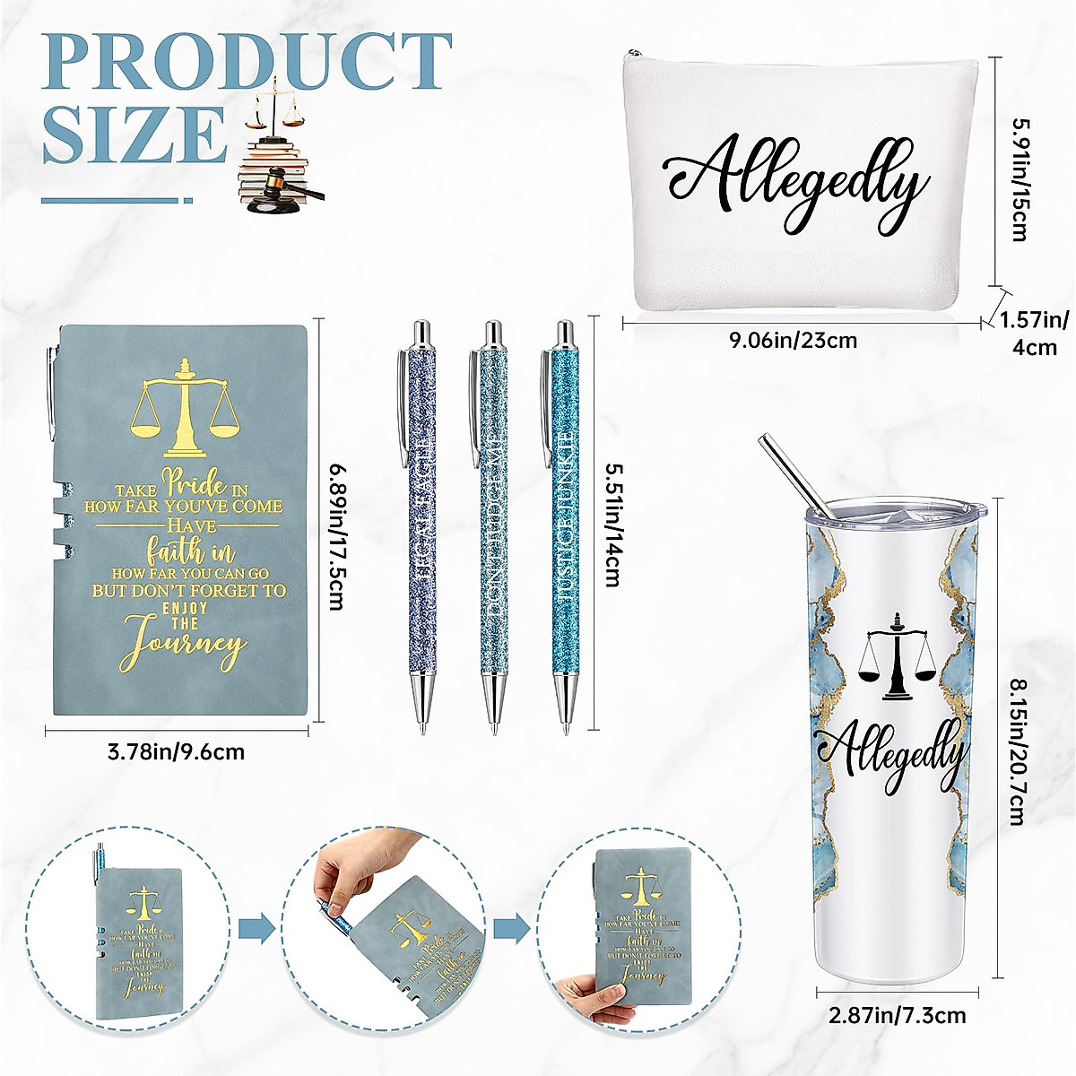Domensi 6 Pcs Funny Allegedly Lawyer Gifts Judge Gift Lawyer Appreciation Day Gift 20 oz Marble Sign Tumbler Makeup Bag Notepad Ballpoints for Law Paralegal School College Teacher(Blue)