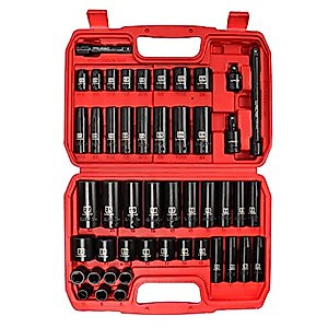 LLNDEI 3/8" Drive Impact Socket Set SAE and Metric (5/16"- 3/4", 8-22mm) 48pcs, CR-V Steel, 6 Point Sockets, Extension Bar (3-in, 6-in), 1/2"F to 3/8"M Reducer, 3/8" Universal Joint
