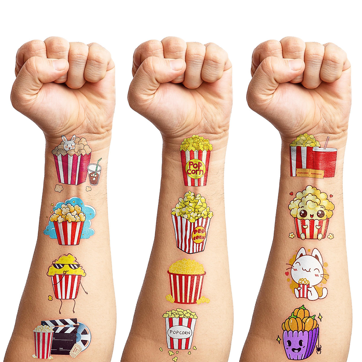 100 PCS Popcorn Corn Movie Night Themed Temporary Tattoos Birthday Party Decorations Favors Supplies Cute Circus Fake Tattoo Stickers Party Gifts for Children Girls Boys Home Activity School Rewards