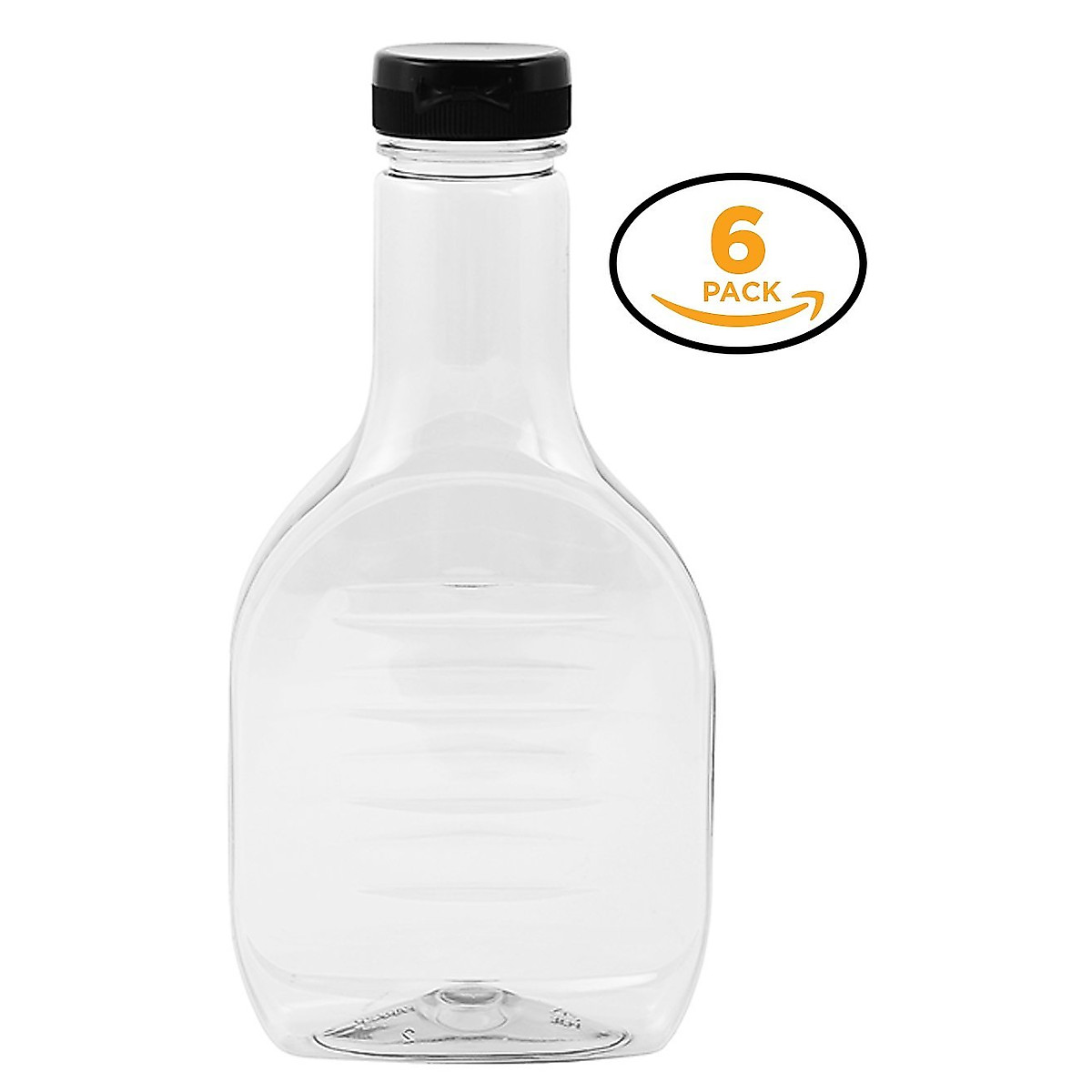 16 OZ BBQ/DRESSING CLEAR PLASTIC SAUCE BOTTLE WITH BLACK FLIP-TOP CAPS AND PRESSURE SENSITIVE LINER (Black caps, 6)