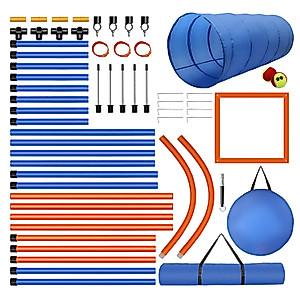 JMMPOO Dog Agility Training Equipment, 60-Piece Dog Obstacle Course Training Starter Kit Pet Outdoor Game with Tunnel, Agility Hurdle, Weave Poles, Jump Ring, Pause Box, Toy Balls and Storage Bag