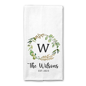 Personalized Wreath Monogram Tea Towel, Waffle Weave Tea Towel, Housewarming Gift, Farmhouse Decor, Wedding Gift