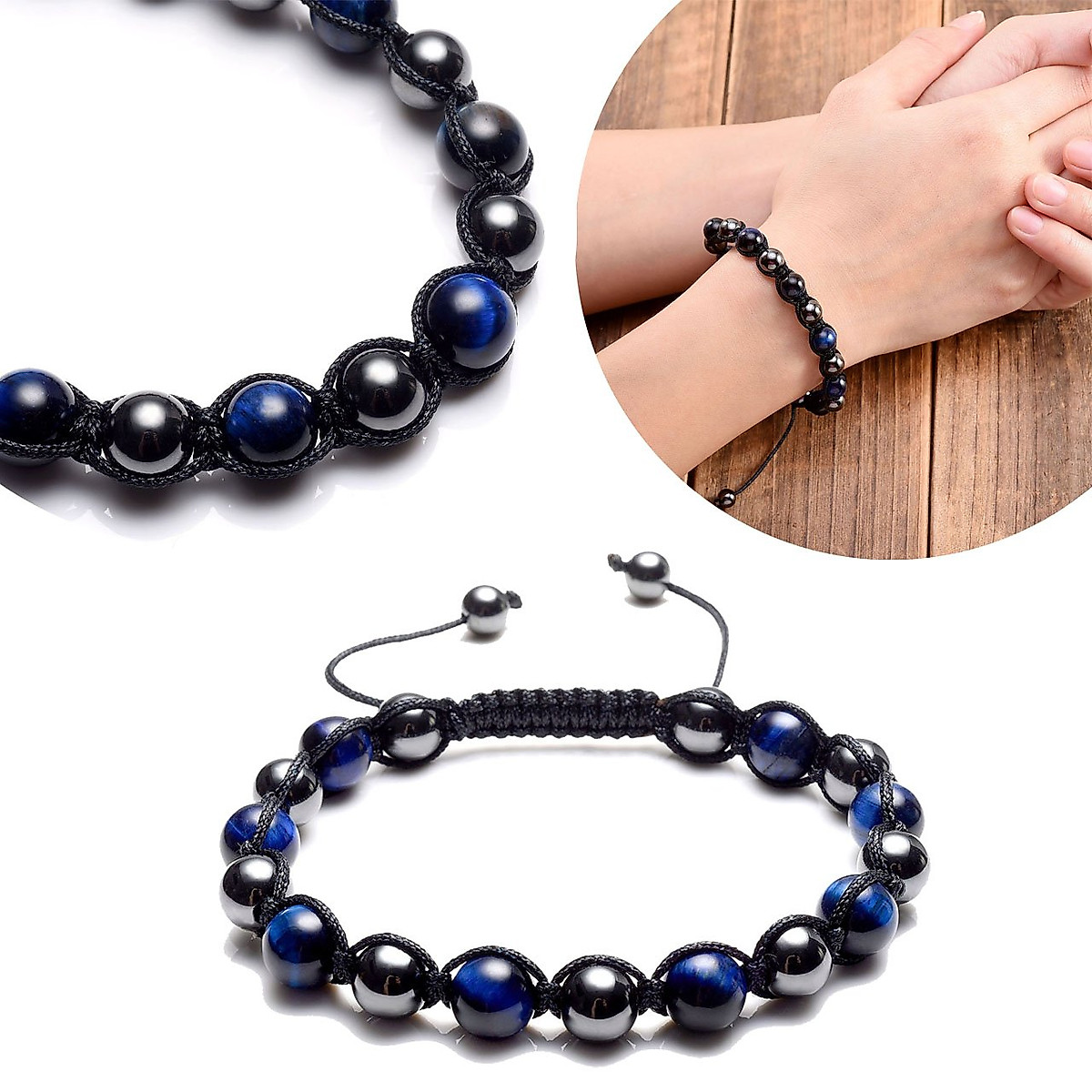 Top Plaza Men's Women's Reiki Healing Energy Natural Tiger Eye Stone Hematite Therapy Beads Macrame Adjustable Braided Link Bracelet(Set Of 3)