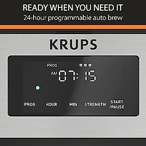 KRUPS Simply Brew Stainless Steel and Glass Carafe Drip Coffee Maker 14 Cup Programmable, Customizable, Digital Display, Warming Function Coffee Filter, Dishwasher Safe, Drip Free Silver and Black