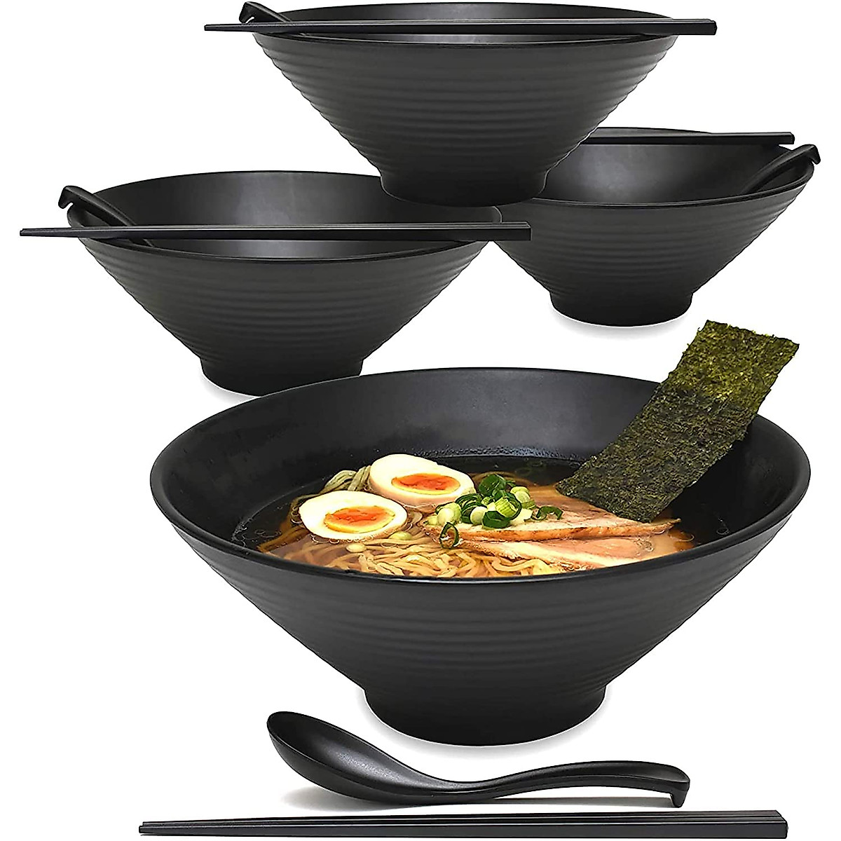BESTonZON Japanese Style Ramen Bowls, Soup Bowl Melamine Hard Plastic Dishware Ramen Bowl Set with Matching Spoon and Chopsticks for Pho Udon Asian Dishes (4, Black, 9 inches)