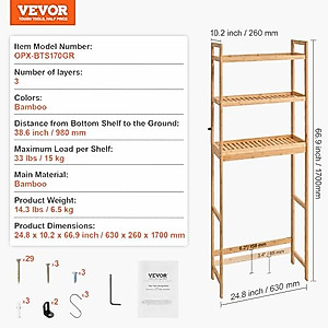 VEVOR Over The Toilet Storage, 3-Tier Adjustable Over Toilet Bathroom Organizer, Bamboo Storage Shelf Rack with 3 Hooks, Freestanding Easy Assembly Laundry Space Saver, Fit Most Toilets