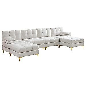 PaPaJet 124 Inch Sectional Sofa, 6 Seater Modular Sectional Couch with Metal Legs, U Shaped Sofa Couch for Living Room, Beige Chenille