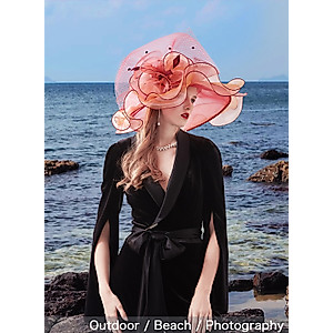 Z&X Women's Organza Church Fascinator Hair Clip Bridal Wedding Tea Party Hat Wide Brim Anti-UV Sun Hat Coral Red