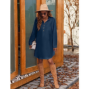 Zeagoo Long Sleeve Shirt Dress Summer Casual Cotton Dress Button Down Mini Dress,navy,XXL