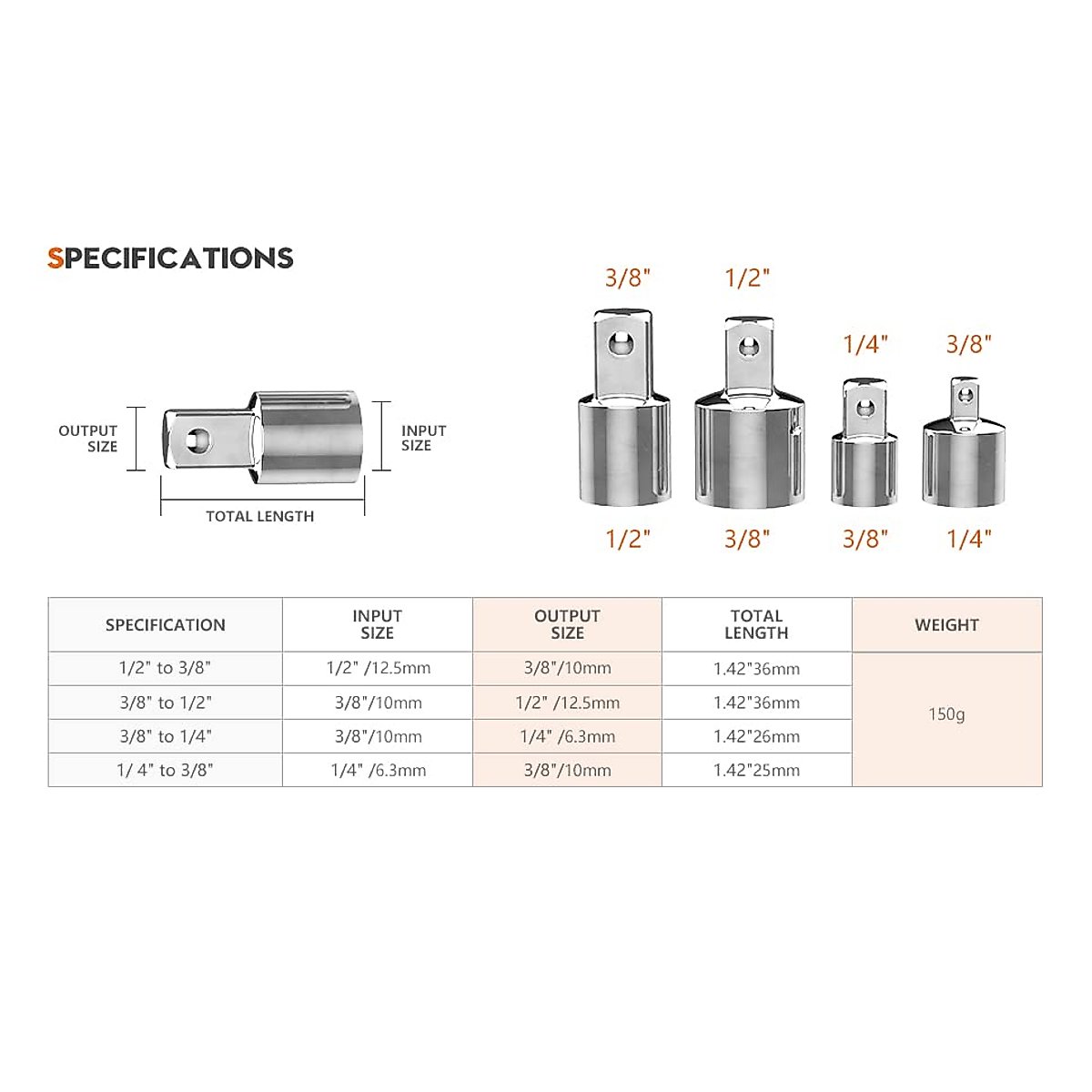 Impact Socket Adapter and Reducer Set 4-Piece for Impact Driver Ratchet Docket Extentsion Conversion Tool 1/4 to 3/8 x 3/8 to 1/4 x 3/8 to 1/2 x 1/2 to 3/8,Square Ratchet Socket Adapter,Cr-V(Silver)