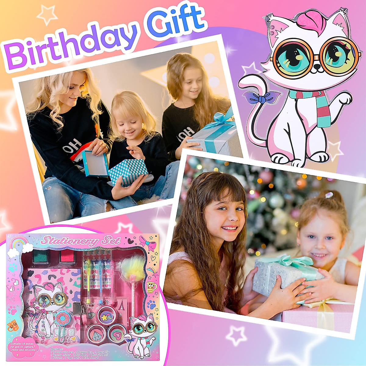 YOYTOO Cat Diary for Girls with Lock, Cat Stationery Set with Secret Diary, Stamps, Pens, Journal Notebook Birthday Gifts for Little Girls Age 5 6 7 8 9 10