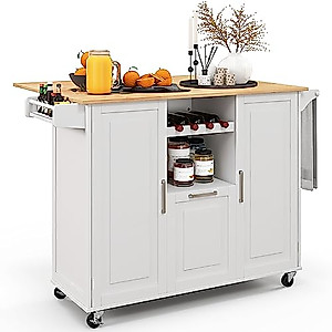 Giantex Mobile Kitchen Island with Drop Leaf, Rolling Island Table with Rubber Wood Top, Storage Cabinets, Deep Drawer, Wine Bottle Rack, Spice Rack, Serving Cart for Dining Room Bar (White)