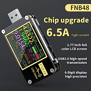 USB Voltage Meter Tester, FNB48 PD Trigger Voltmeter USB 3.0 Voltage and Current Tester DC 4-24V 6.5A USB C Multimeter PPS Fast Charging Protocol Capacity Tester QC2.0 3.0