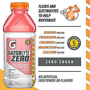 Gatorlyte Zero Electrolyte Beverage, Strawberry Kiwi, Zero Sugar Hydration, Specialized Blend of 5 Electrolytes, No Artificial Sweeteners or Flavors, 20oz Bottles (12 Pack)​