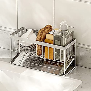 Mukkuri Kitchen Sink Sponge Holder,Kitchen Sink Organizer with Auto Drain Pan,Stainless Steel 304 Dish Sponge Holder for Kitchen with Dish Towel Bar (Silver-Manual Tray)