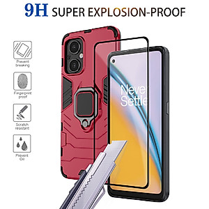 Lokyoo for Oneplus Nord N20 5G Case with Tempered Glass Screen Protector [2pcs], 1+ Nord N20 5G, Full Protective Case with Metal Ring Magnetic Support Kickstand for Oneplus Nord N20 Red