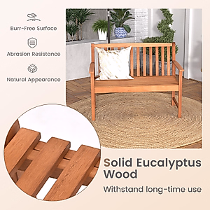 Giantex Outdoor Bench, Wood Patio Bench with Cozy Armrests & Backrest, Slatted Sitting Area, Eucalyptus Wood Frame, 2-Person Loveseat for Park, Porch, Yard, 800 lbs Max Load, Garden Bench (Eucalyptus)