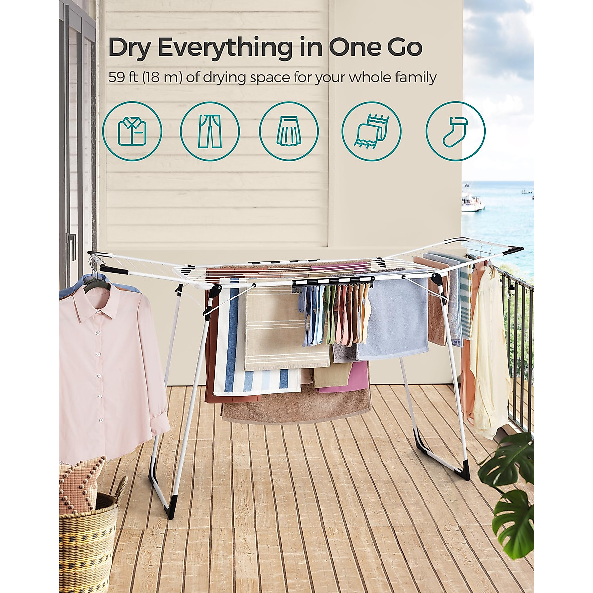 SONGMICS Clothes Drying Rack Foldable, Gullwing Laundry Drying Rack, Space-Saving, 22.2 x 68.1 x 38 Inches, Sock Clips, Metal Structure, for Clothes, Towels, Linens, Indoor, Outdoor White ULLR518W01