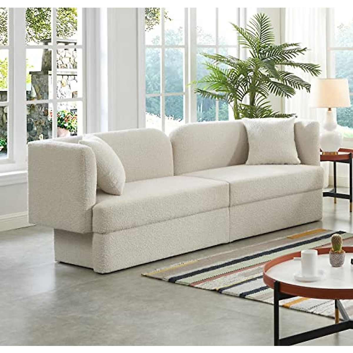 Meridian Furniture 616Cream-S Marcel Collection Modern | Contemporary Sofa with Rich Cream Boucle Fabric, Curved Back, 91" W x 28" D x 32.5" H, Cream