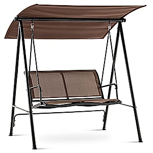 MCombo 2-Person Patio Swing Chair with Adjustable Canopy Outdoor, Steel Frame Breathable Seats Hanging Porch Swing, 4001 (Brown)