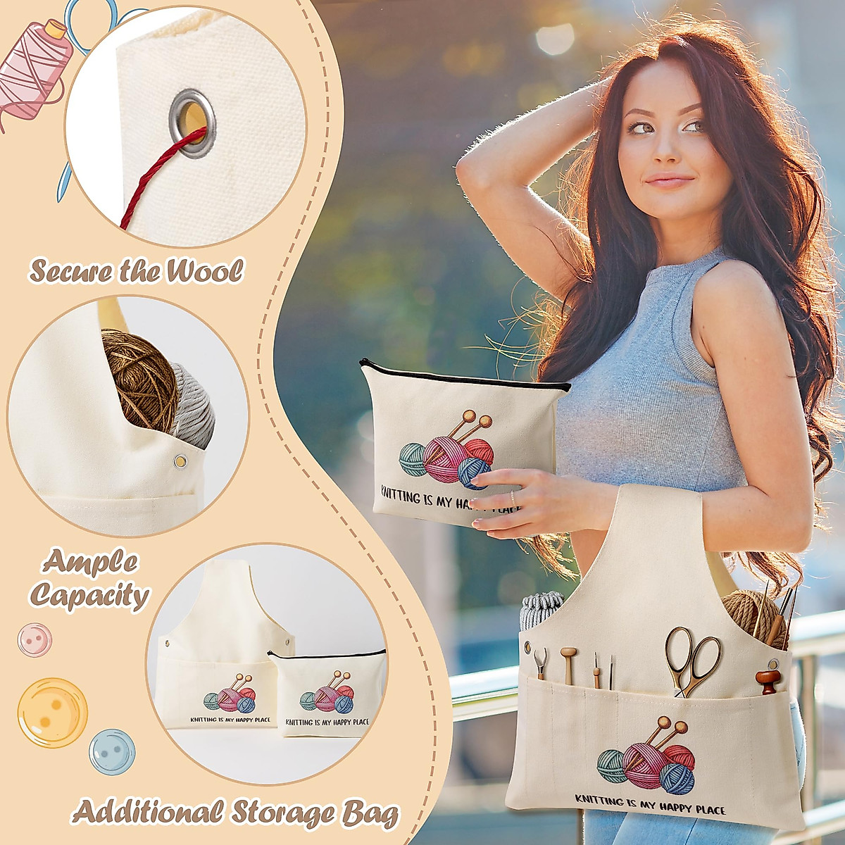 EYxsaxenk Travel Knitting Wrist Bag - 2Pcs Knitting Crochet Tote Bag with Zipper Bag Lightweight Yarn Storage Bag Organizer Women Gift Set for Holding Yarn Crochet Hook Needles Knitting Supply