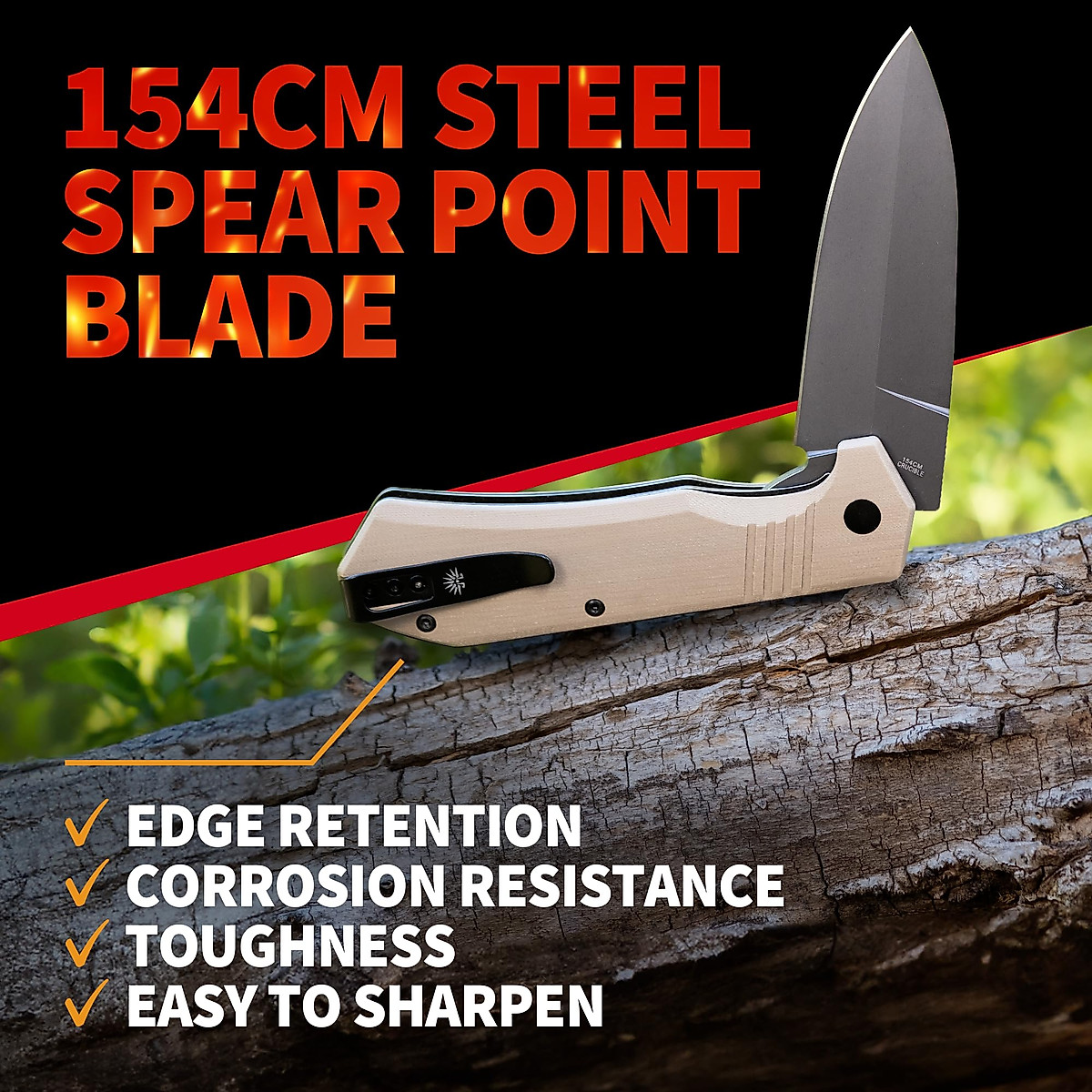 Off-Grid Knives - Stinger XL Folding Knife w. Spear Point Blade, Crucible 154CM Steel, G10 Scales, Deep Carry Clip (Coyote)