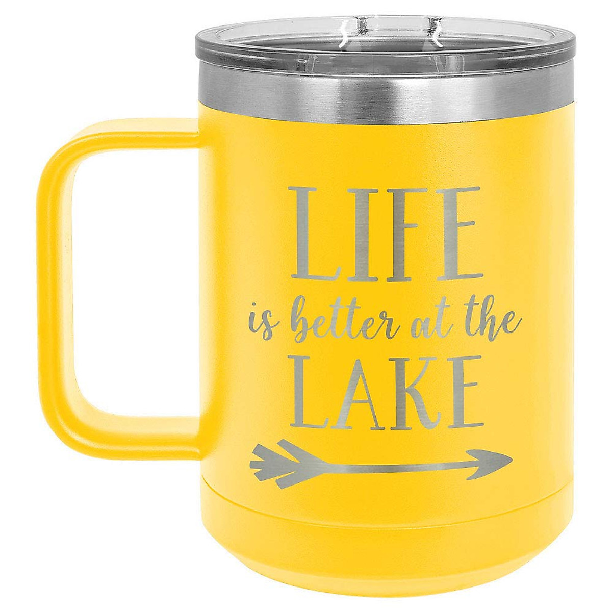 LIFE IS BETTER AT THE LAKE Yellow 15 oz Coffee Cup w/Slide Top Lid | Insulated Travel Coffee Mug | Unique Gift Ideas From Women or Men | Compare Price To Yeti Rambler