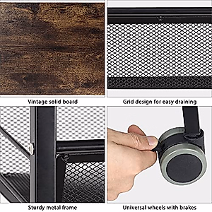 LIANTRAL Rustic Kitchen Storage Cart, 4 Tier Kitchen Cart on Wheels, Metal Mesh Storage Pantry Cart with Lockable Wheels, Wood Look Top and Metal Frame.