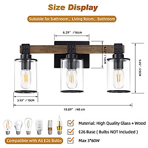 Elegant Wood Bathroom Vanity Light Over Mirror, 3 Lights Farmhouse Lights Fixtures, Rustic Wall Vanity Lighting Fixtures with Clear Glass Shade for Living Room, Bedroom, Hallway