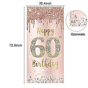 60th Birthday Door Banner Decorations for Women, Pink Rose Gold Happy 60th Birthday Door Cover Backdrop Party Supplies, Large Sixty Year Old Birthday Poster Sign Decor