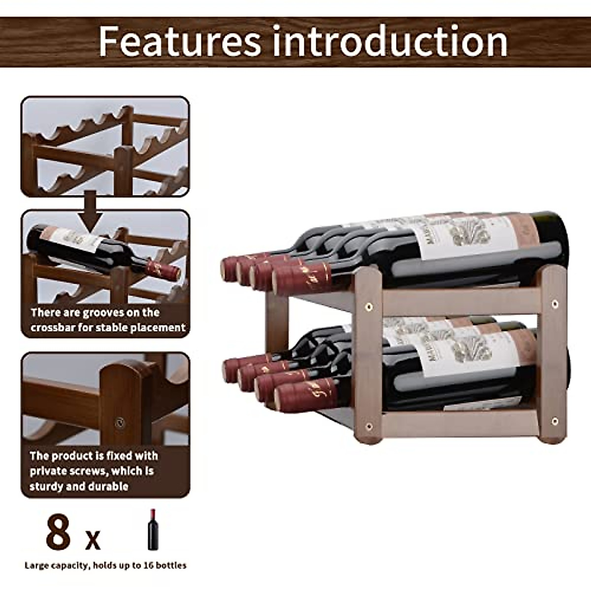 Bamboo Wine Rack, 2-Tier 8-Bottle Freestanding Display Wine Organizer Storage Shelf Table Top Countertop tle Cabinet Wine Holder for Kitchen Dining Living Room Bar Pantry Wine Cellar Basement