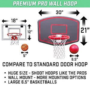 GoSports Wall Mounted Basketball Hoop - Indoor & Outdoor Hoop with Mounting Hardware, Includes 2 Basketballs and Ball Pump
