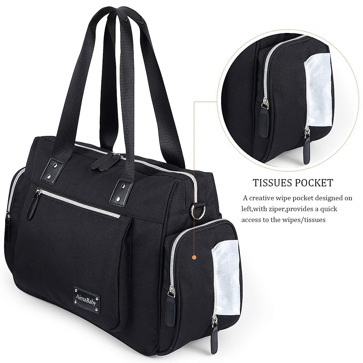 Diaper Tote Bag Diaper Bag,Travel Diaper Carry Bag, Baby Nappy Diaper Bag for Mom Grils Unisex Maternit. Multi Pocket, Tote Bag Beach Bag Travel Handbag Canva Large(Black)