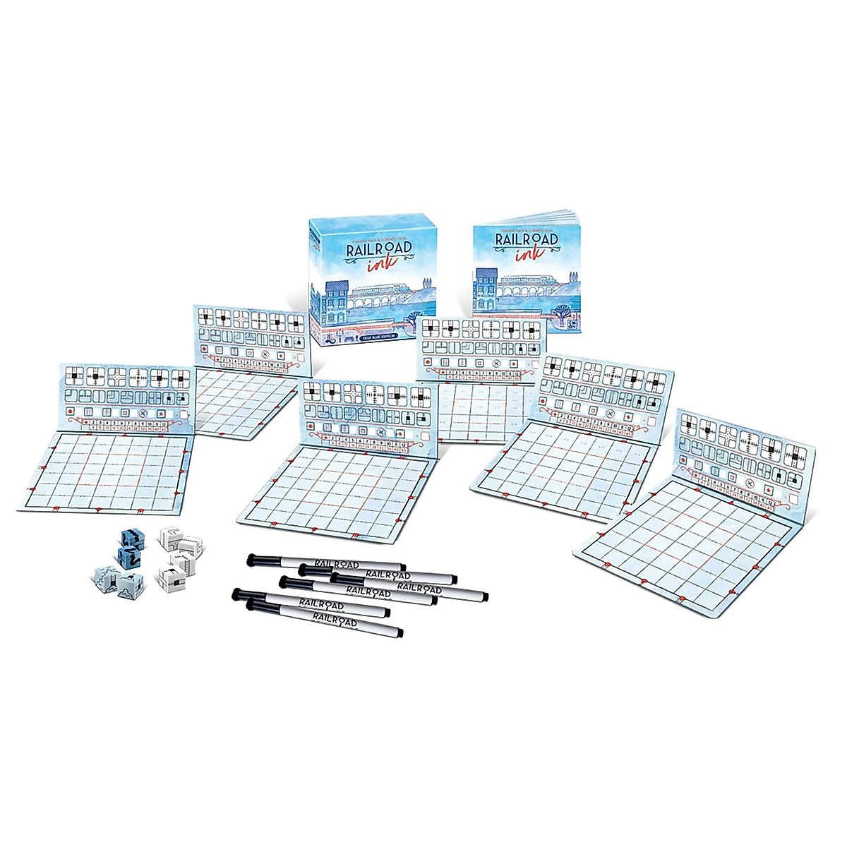 Horrible Guild Railroad Ink: Deep Blue Edition - Roll Dice and Draw Railways and Routes, 7 Rounds to Expand Your Rail Map - Expansion Dice Included Ages 8 & Up (Packaging may vary)