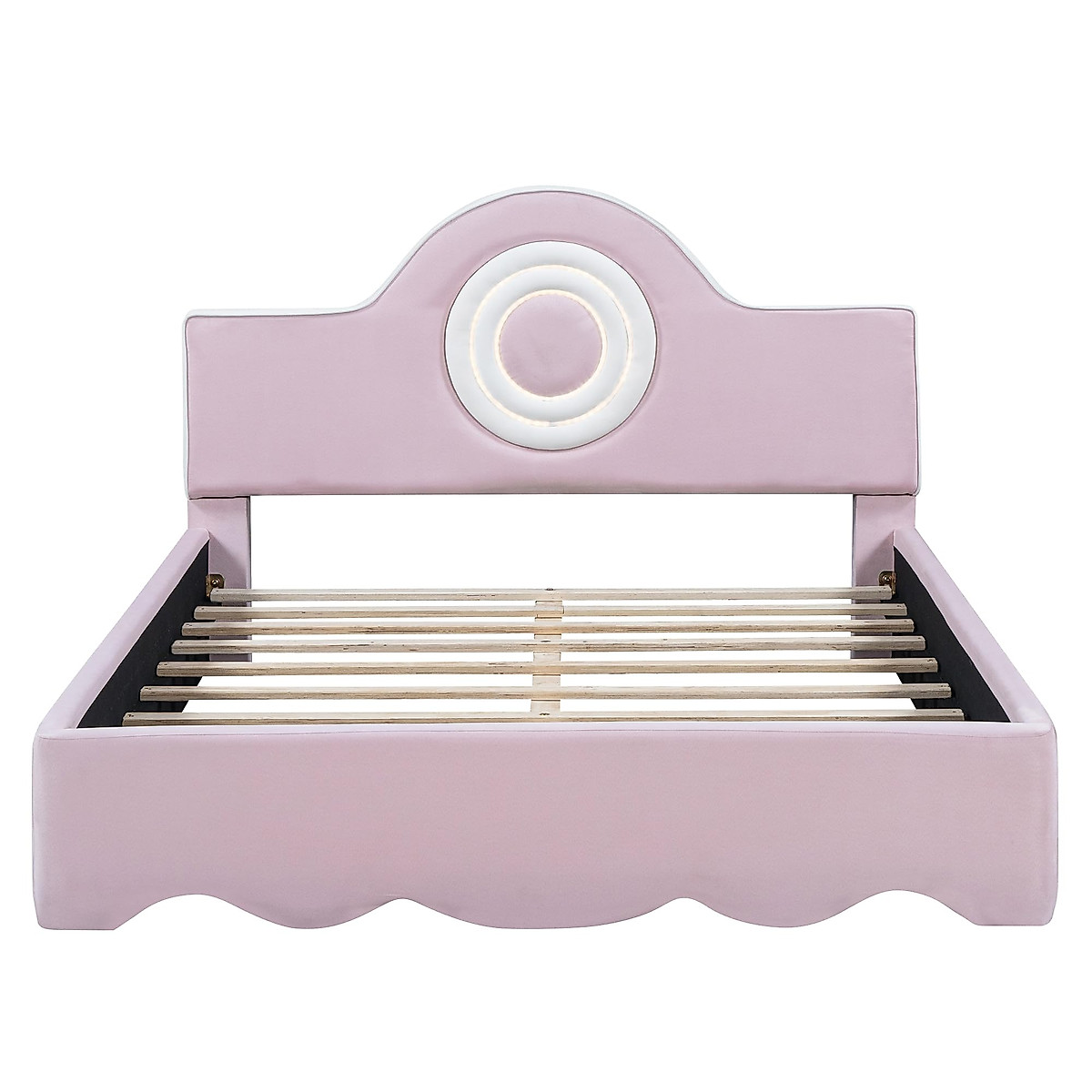 Jintop Full Size Upholstered Platform Bed with Built-in Round LED Headboard,Flannel Finish Wave Design Bed Frame,w/Slat Support,No Box Spring Needed,for Kids Teens Girls Boys Bedroom,Pink