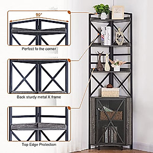 HOMBAZAAR Corner Shelf 5-Tier with Storage,Industrial Corner Bookshelf with Adjustable Board, Rustic Display of Corner Shelf Stand for Living Room, Home Office, Bedroom, Small Space,Grey