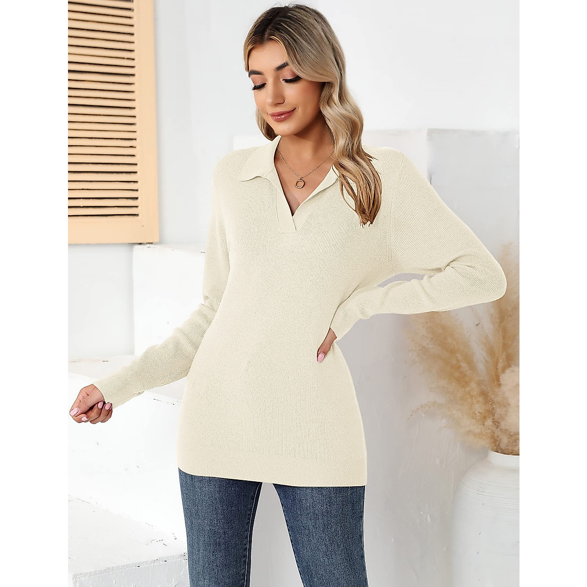 Romanstii Women's Knitted Polo Sweaters Long Sleeve V Neck Collared Shirts Winter Pullover Tops,Beige,L