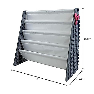 UNiPLAY Kids 4-Tier Book Storage Organizer with Sling Book Pockets, Plastic Sling Rack Bookshelf for Playroom, Fits Blocks, Gray/White