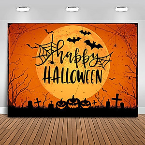 Mocsicka Happy Halloween Backdrop Orange Night Moon Graveyard Background Spooky Pumpkin Spider Web Halloween Party Cake Table Decoration Banner Photo Booth Props (7x5ft)