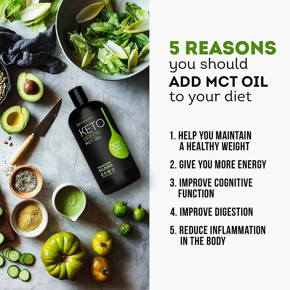 100% Organic MCT Oil for Vegan - Derived only from Non-GMO Hawaiian Coconuts - Includes Omega 3,6,9 and Vitamic C, E (3-in-1) - US Made - Great in Keto Salad Dressings