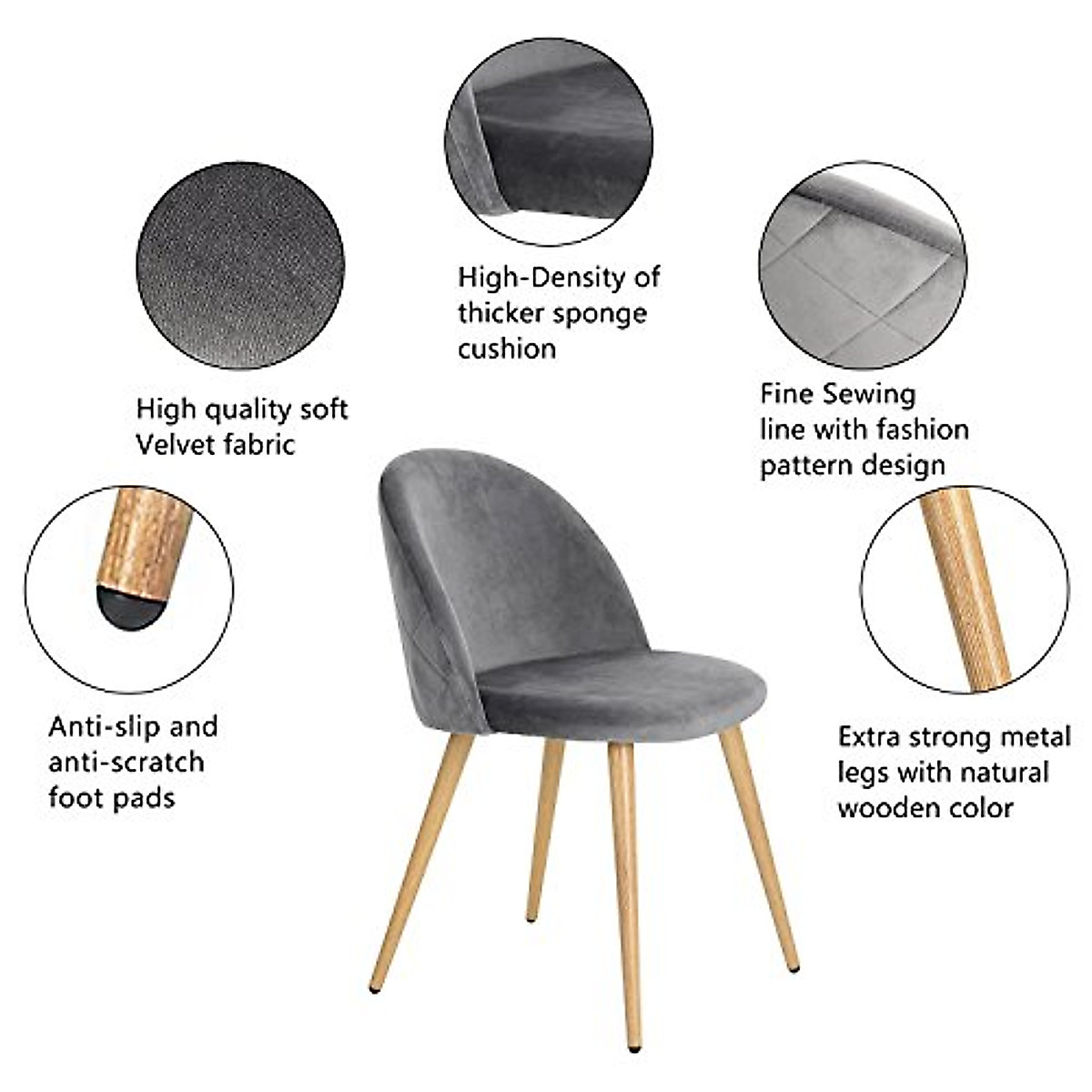 GreenForest Dining Chairs Set of 2, Modern Velvet Kitchen Room Chair Upholstered Accent Leisure Side Chairs with Metal Legs, Gray