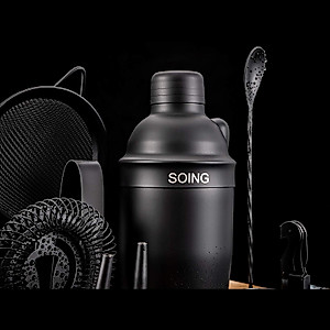 Soing 11-Piece Black Bartender Kit,Perfect Home Cocktail Shaker Set for Drink Mixing,Stainless Steel Bar Tools with Stand,Velvet Carry Bag & Cocktail Recipes Cards (Black)