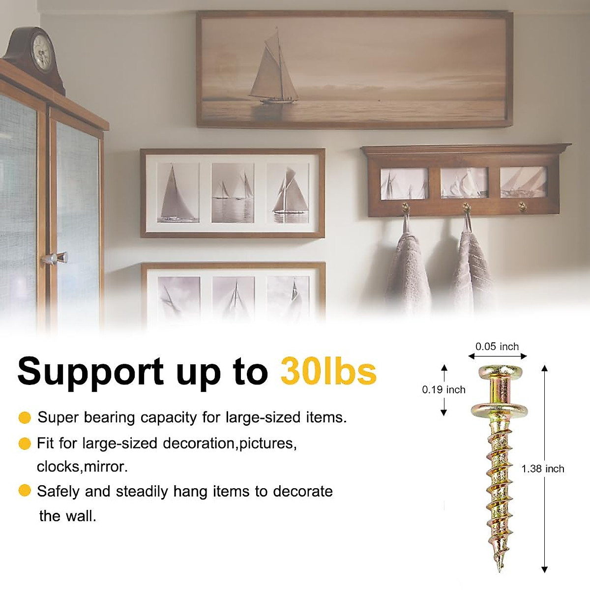 Picture Hangers, 4-in-1 Double Headed Picture Hooks, Picture Hanging Nails for D-Rings, Sawtooth, Wire and Keyholes - Mounts in Drywall and Wood Studs.(30lbs-30 Pack)