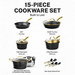 Granitestone 15 Pc Ceramic Pots and Pans Set Non Stick, Kitchen Cookware Sets, Pot and Pan Set, Ceramic Cookware Set, Non Stick Pots and Pan Set with Induction Cookware, Dishwasher Safe, Black