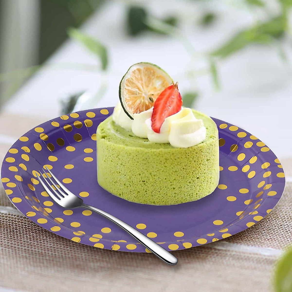 CENLBJ Purple and Gold Paper Plates,7INCH Purple Dessert Party Plates,Purple Foil Polka Dots Paper Plates for Birthdays,Graduation,Mardi Gras,Bridal Parties(100 PCS)