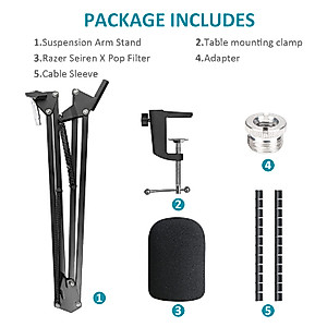 Razer Seiren X Mic Boom Arm Stand with Pop Filter, Compatible with Razer Seiren X USB Microphone with Cable Sleeve by SUNMON