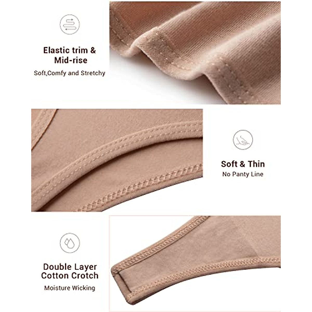 Jo & Bette Cotton Thongs for Women - Bikini Underwear - Seamless Thongs Breathable Panties Pack No show 6 Pack