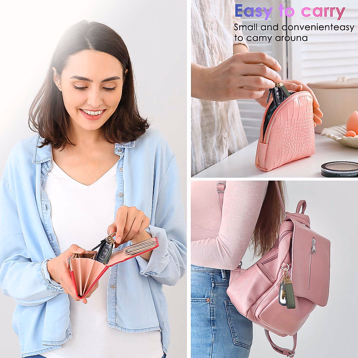 Gerkia Leather Car Keychain for Men and Women Key Chains for Car Keys with 5 Key Rings and Anti-loss D-ring Keychain ，Dark Green